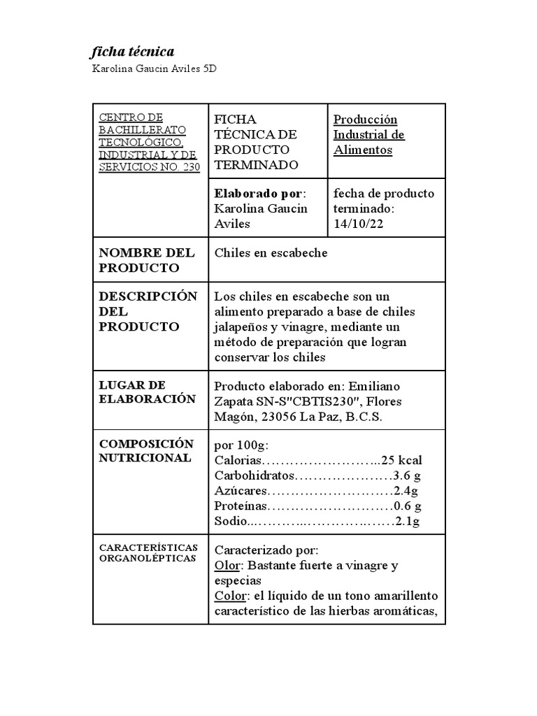 Chiles en Escabeche Ficha Técnica - Gaucin Aviles Karolina | PDF ...