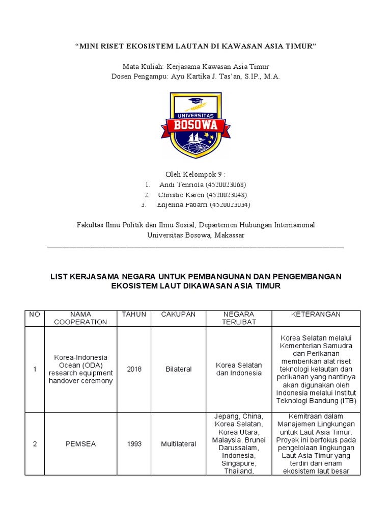 Kelompok 9 Mini Riset (List Kerjasama Negara Asia Timur Ekosistem Lautan) | PDF