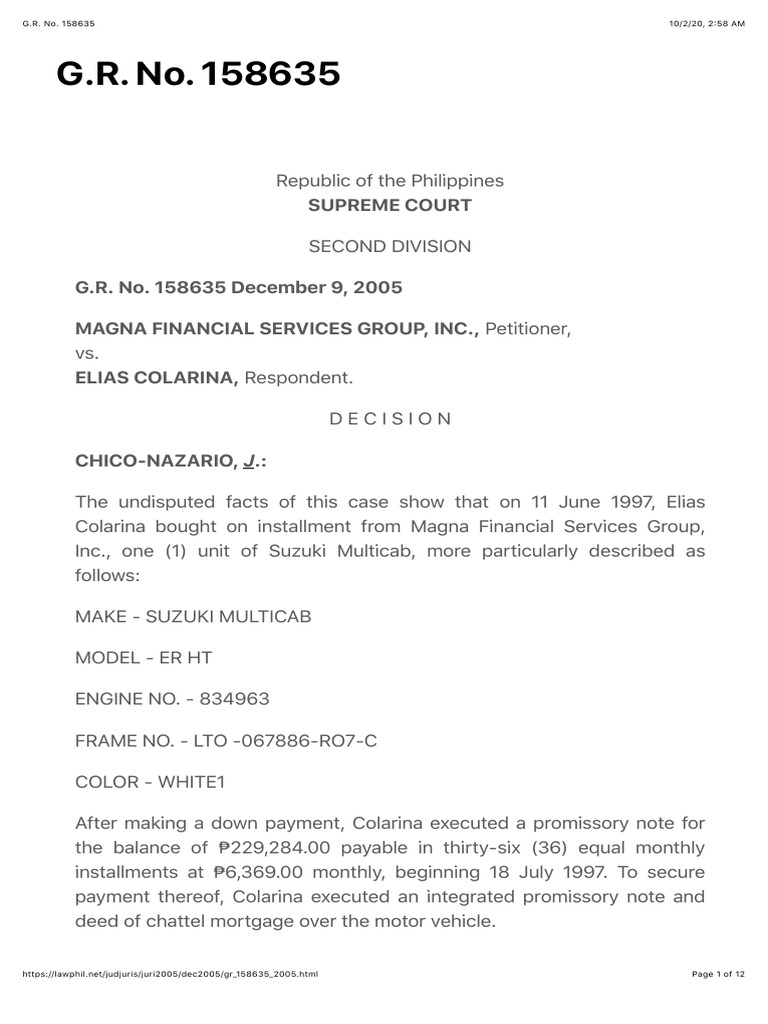 Magna Financial Services Group Inc. v. Elias Colarina - GR 158635 Dec ...