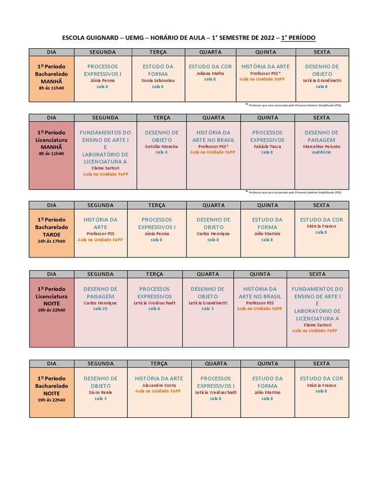 Guig 2022 Horarios Aulas 1o Sem Revisado | PDF | Diploma de bacharel ...