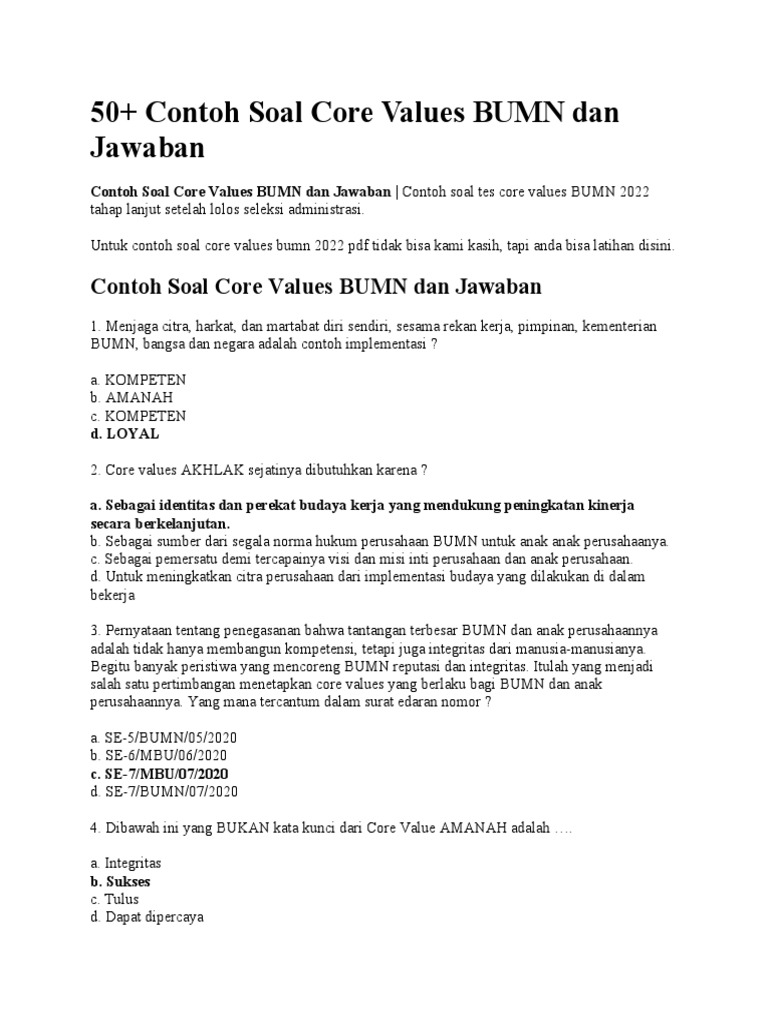 50+ Contoh Soal Core Values BUMN Dan Jawaban - LokerPintar - Id | PDF