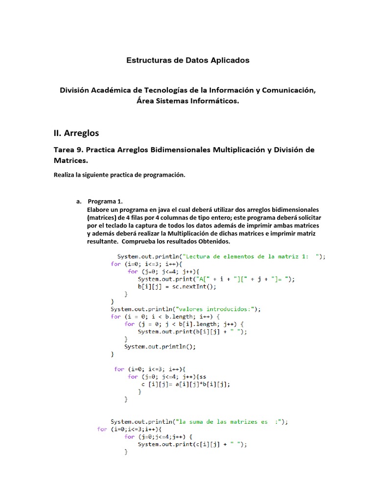 Tarea 9. Practica Arreglos Bidimensionales Multiplicación y División de ...