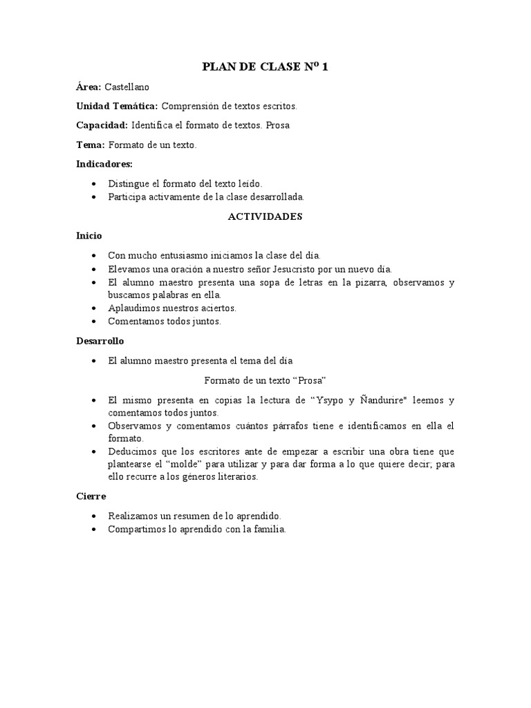 Plan de Clase 6 | Descargar gratis PDF | Prosa
