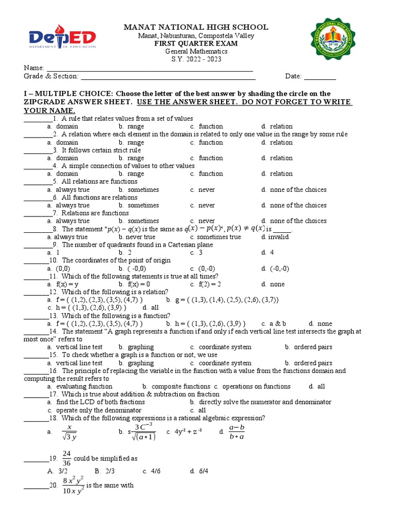 General Mathematics First QTR Exam 2022 2023 | PDF | Function ...