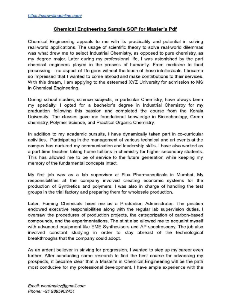 Chemical Engineering Sample SOP For Masters PDF | PDF