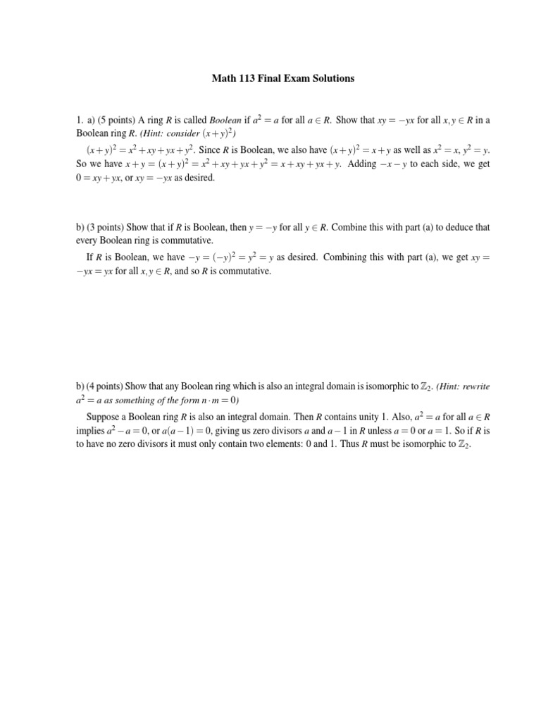 Math 113 Final Sol | Descargar gratis PDF | Field (Mathematics) | Ring ...