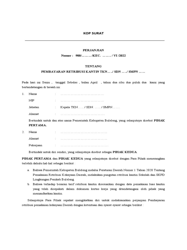 PERJANJIAN PEMBAYARAN RETRIBUSI KANTIN SEKOLAH | PDF