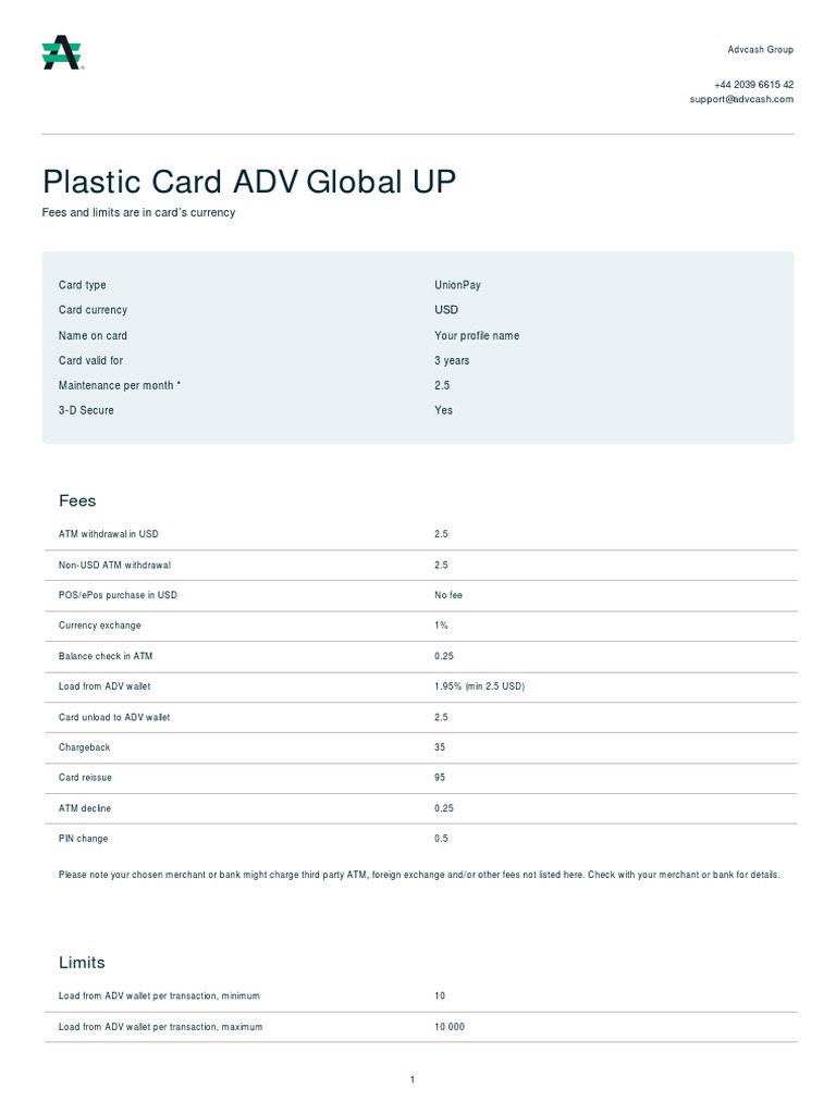 ADV Global UP Plastic | PDF | Fee | Automated Teller Machine