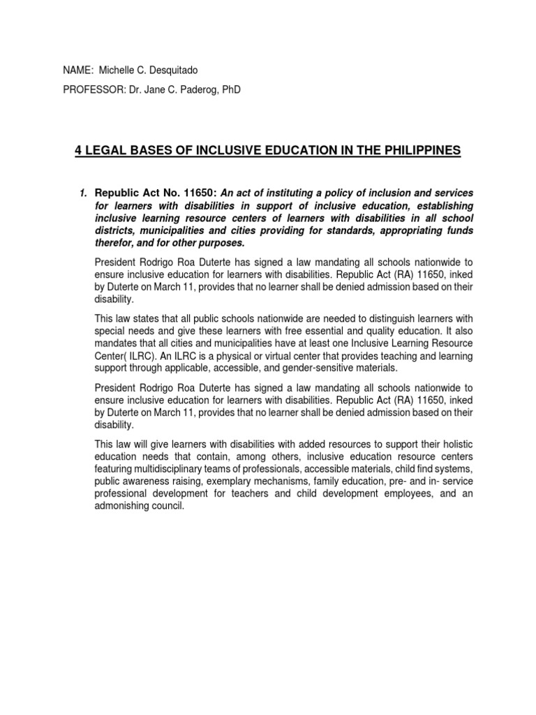 Legal Framework for Inclusive Education in the Philippines | PDF ...