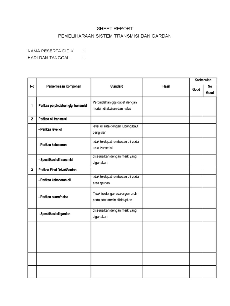 Sheet Report Transmisi & Gardan | PDF