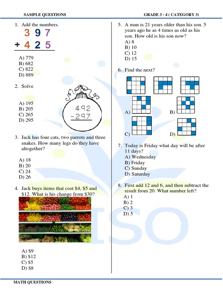 MATH QUESTIONS - Grade 3 4category 3 S.Q | PDF | Mathematics