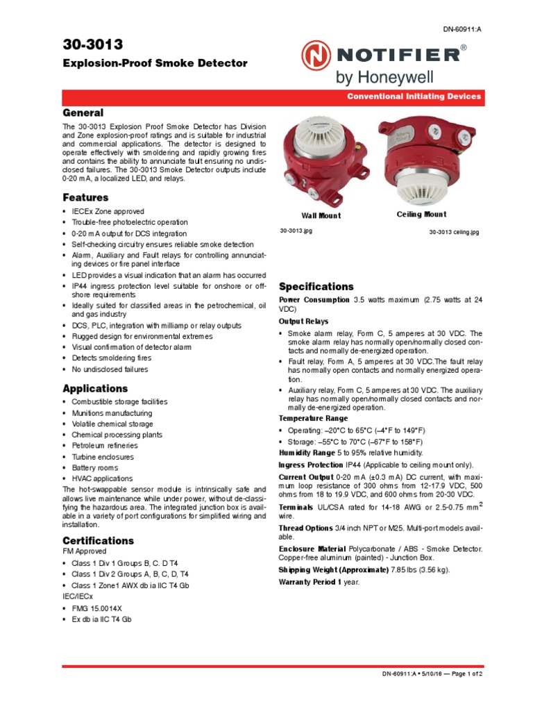 Notifier Explosion Proof Smoke Detector 30 3013 | Download Free PDF | Relay | Equipment