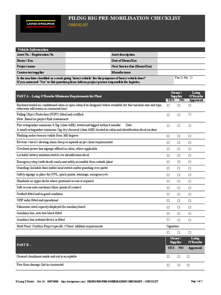 Piling Rig Pre Mobilisation Checklist | PDF | Truck | Manufactured Goods