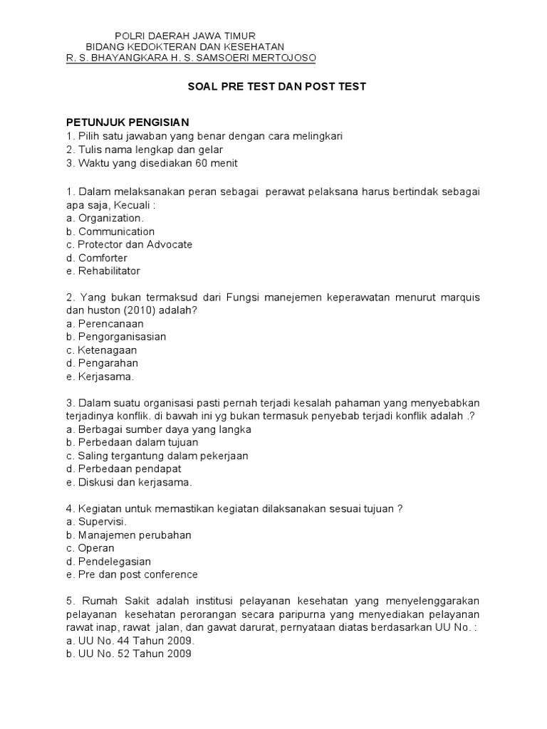 Soal Pre Test Dan Post Test Bangsal Keperawatan | PDF