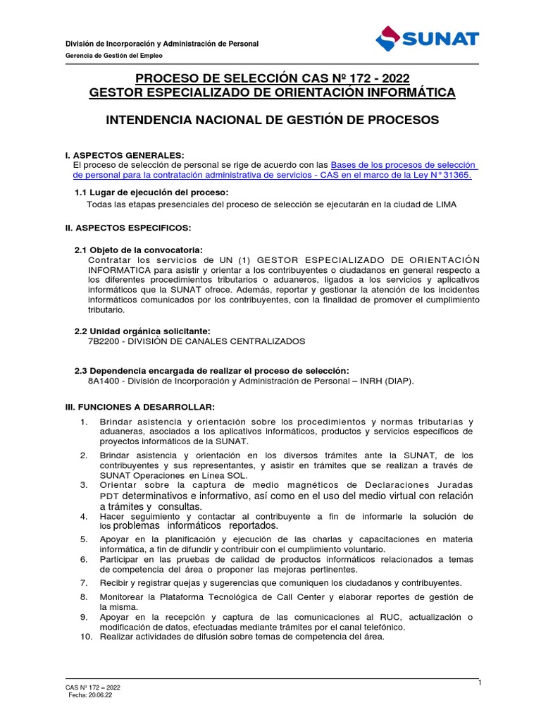 Proceso de Selección Cas #172 - 2022 Gestor Especializado de Orientación Informática Intendencia ...