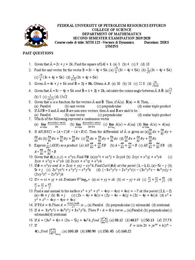 MTH123, Practice Questions FUPRE | PDF | Acceleration | Pendulum