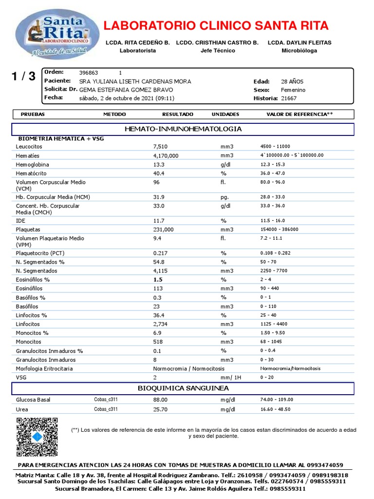 Resultados de Laboratorio - SRA YULIANA LISETH CARDENAS MORA | PDF | Especialidades Medicas | Sangre