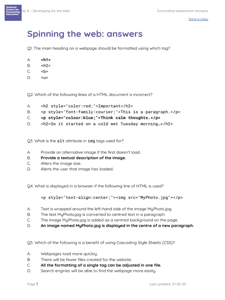 Summative Assessment Answers - Developing For The Web - Y8 | PDF ...