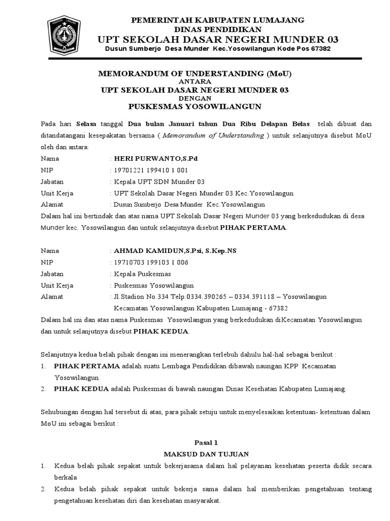 Contoh MOU PUSKESMAS | PDF