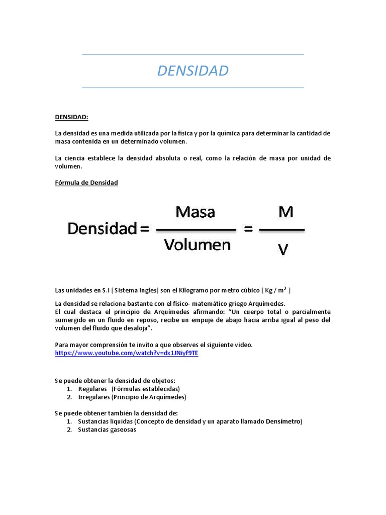 Fórmulas y Conceptos de Densidad | PDF | Densidad | Masa