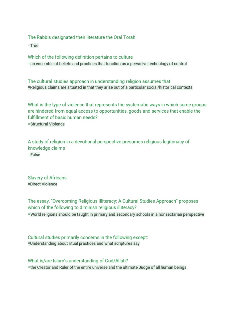 Answer Keys Religions 1st Exam | PDF | Quran | Islam