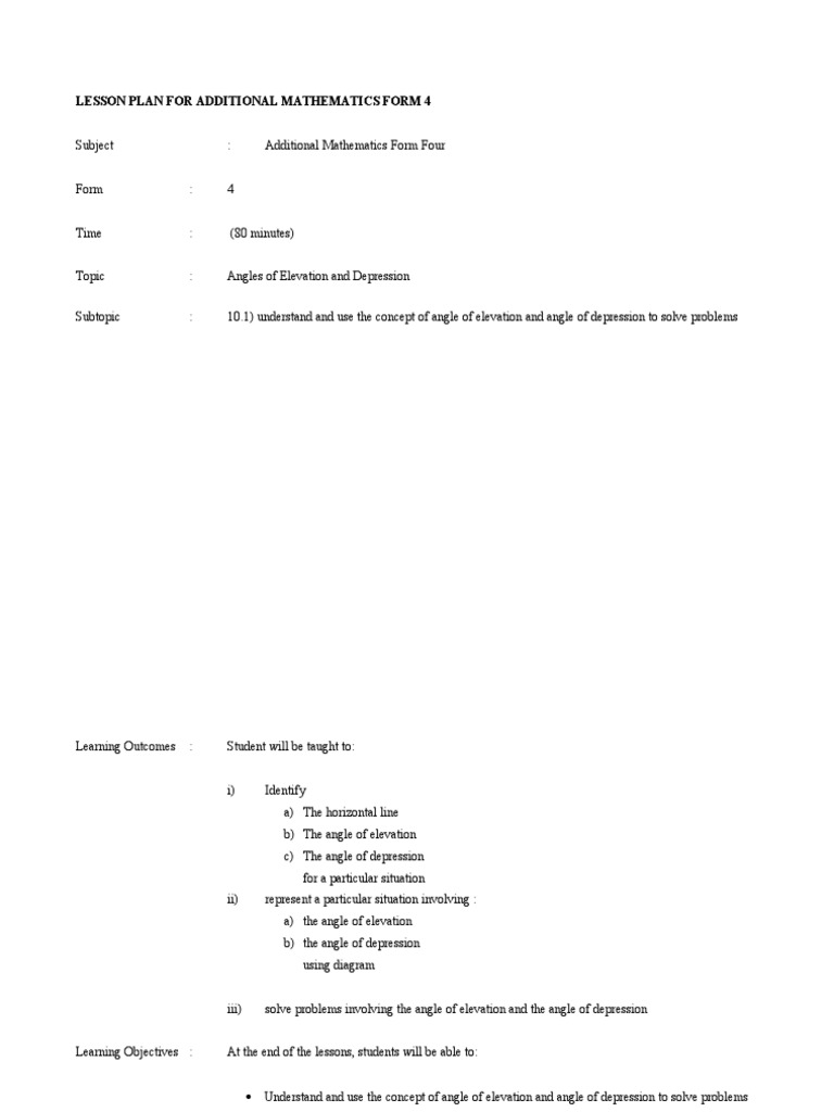 Angles of Elevation and Depression Lesson Plan PDF Free | PDF | Trigonometric Functions | Teachers