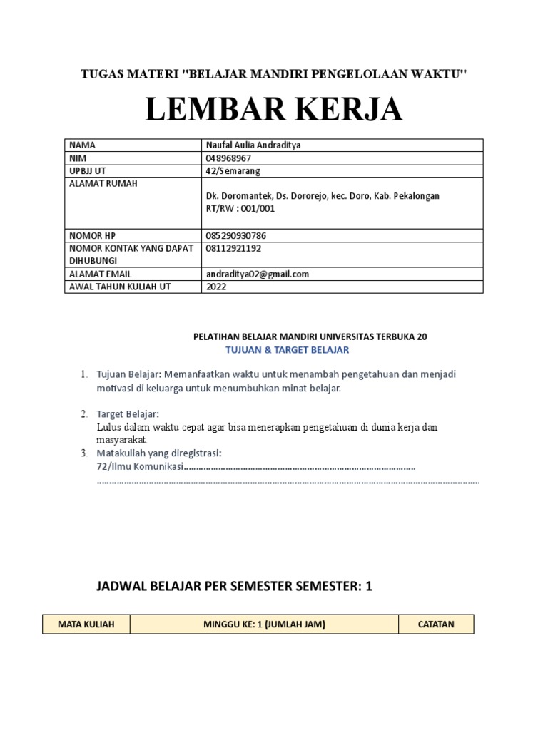 Rencana Belajar Mandiri UT 2022 | PDF