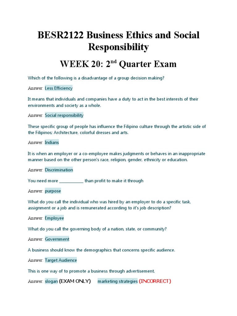 BESR2122 Business Ethics 2nd Quarter Exam WEEK 20 | PDF | Employment ...