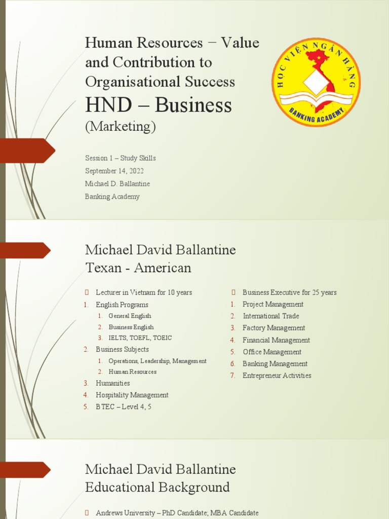 LESSON 1 - Human Ressources-Value and Contribution To Organisational Success HND-Business ...