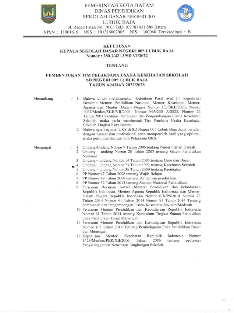 SK Tim Pelaksana Uks - SDN 005 Lubuk Baja | PDF