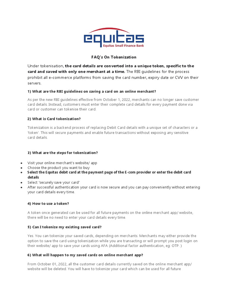 FAQ TOKENISATION Equitas 30092022 | PDF | Computing | Banking