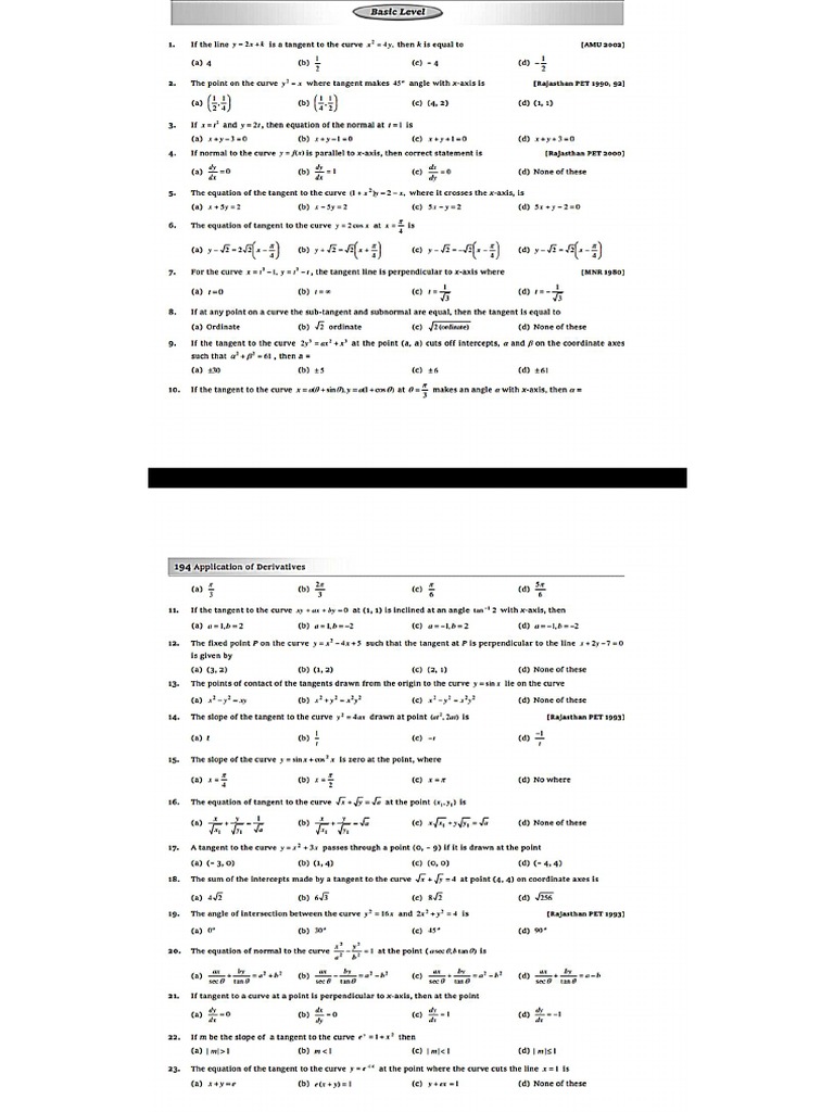 Tangent and Normal Questions PDF | PDF