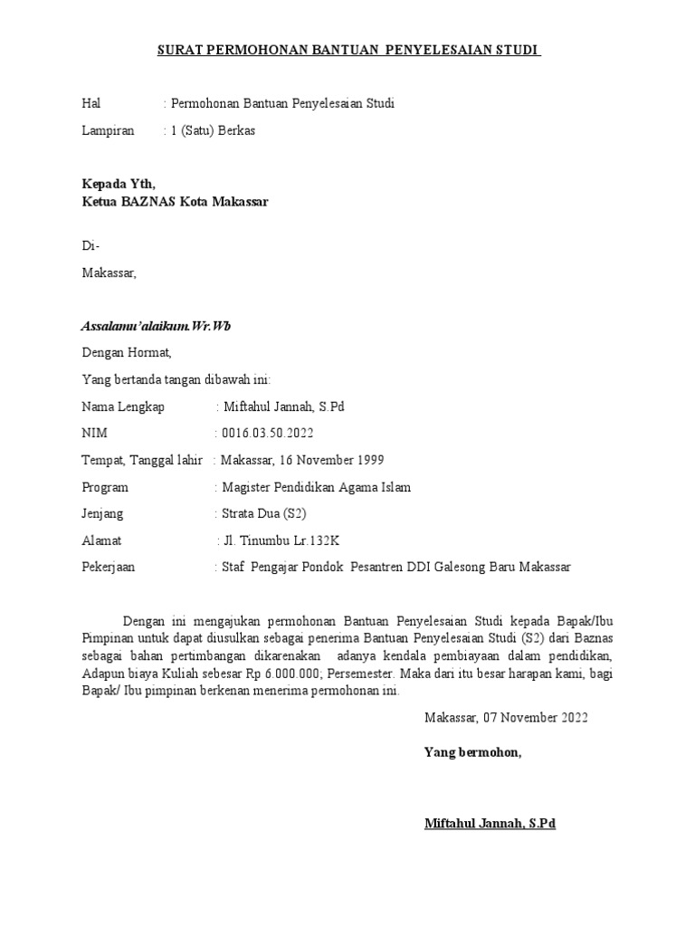 Surat Permohonan Beasiswa Baznas | PDF