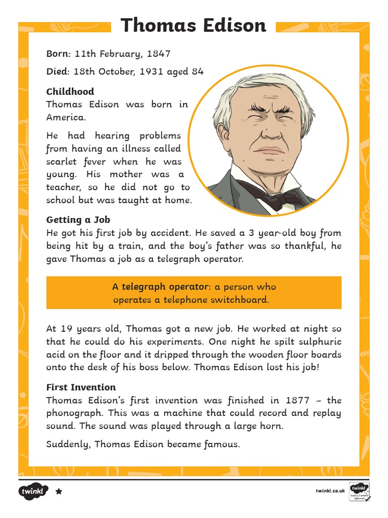 Thomas Edison Reading Comprehension | Download Free PDF | Thomas Edison