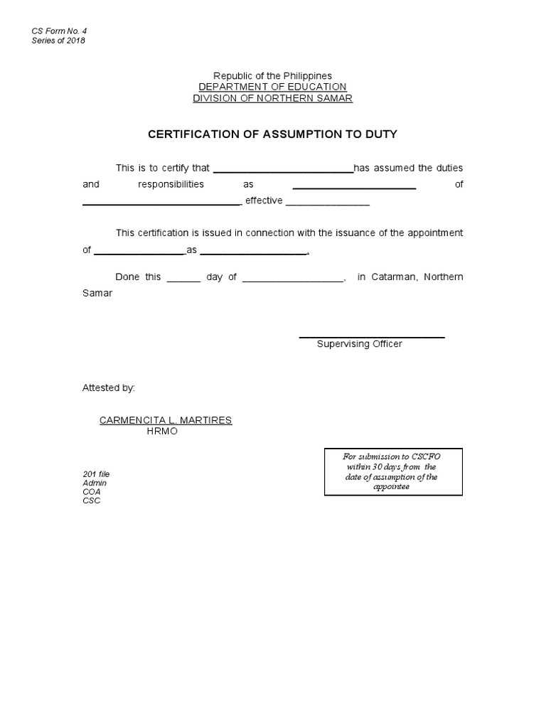 Cs Form No. 4 Certification of Assumption To Duty | PDF