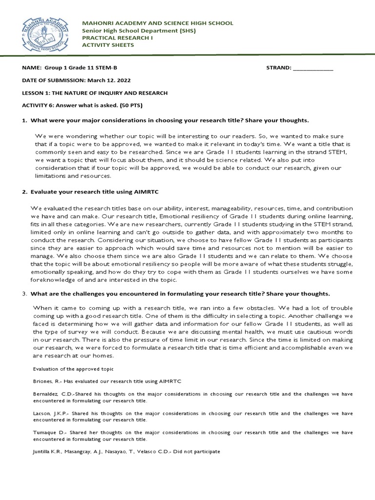 Practical Research Evaluation of Topic Group 1 Grade 11 STEM-B | PDF | Science | Behavior ...