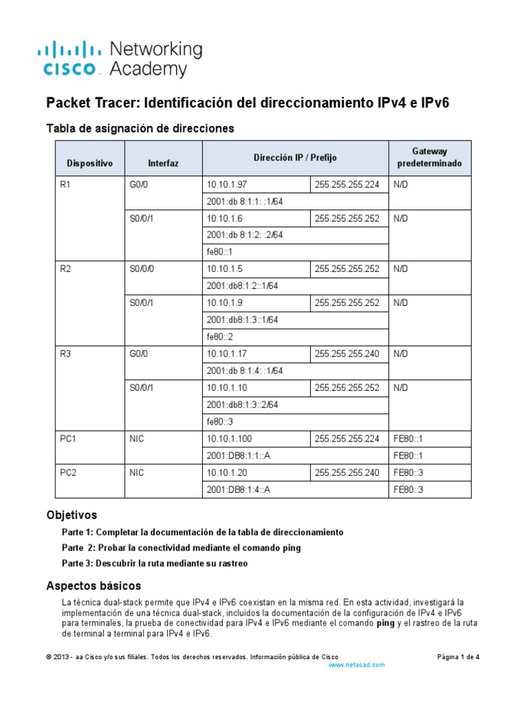 13.2.6 Packet Tracer - Verify IPv4 and IPv6 Addressing Tarea3 Ccna1 | PDF | Yo Pv6 | Dirección IP