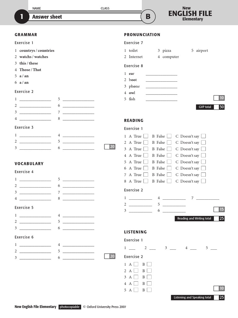 Nef Elem Filetest 1b Answersheet | PDF