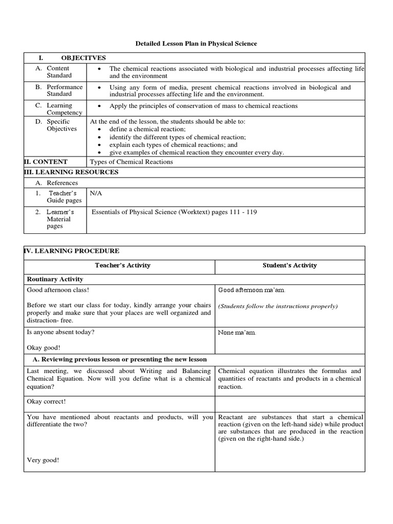 Chemical Reactions Lesson Plan | PDF | Chemical Reactions ...