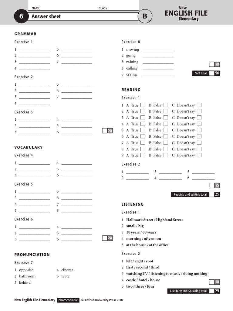 Nef Elem Filetest 6b Answersheet | PDF