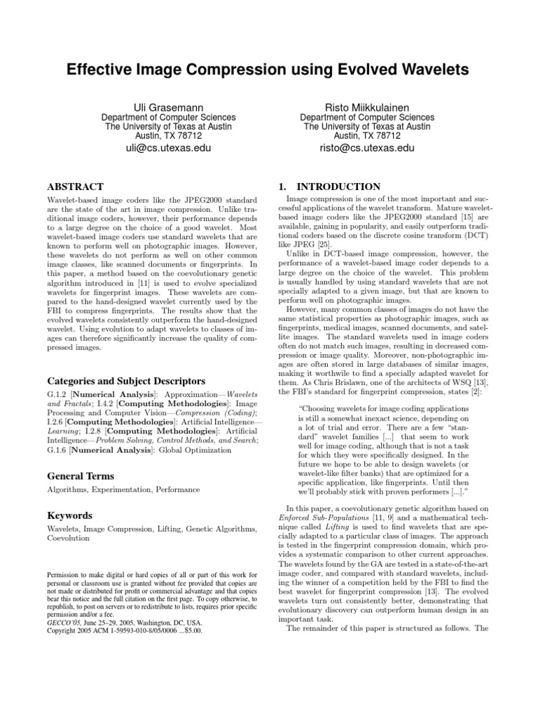 Effective Image Compression Using Evolved Wavelets: Uli Grasemann Risto Miikkulainen | PDF ...