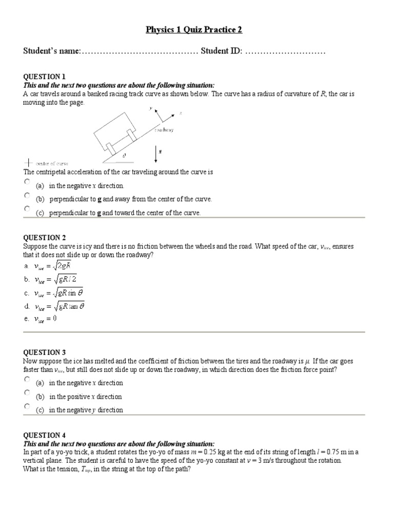 Physics 1 2016-17 Quiz2 | PDF | Force | Tension (Physics)