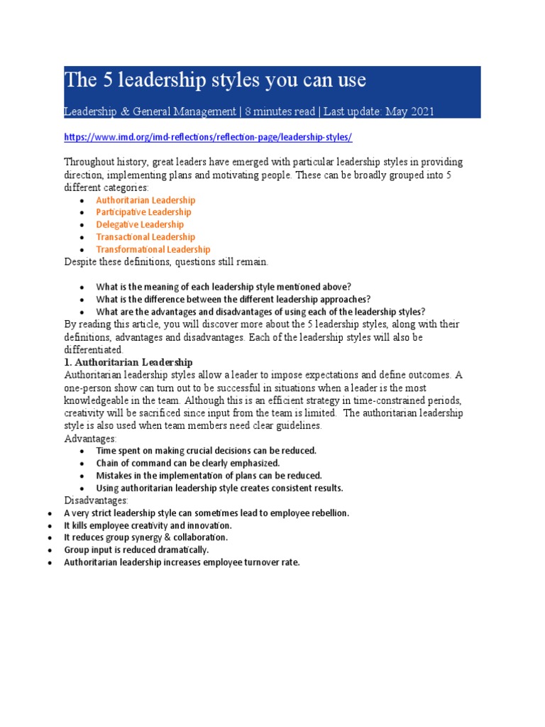 Leadership Styles | PDF | Leadership | Transformational Leadership