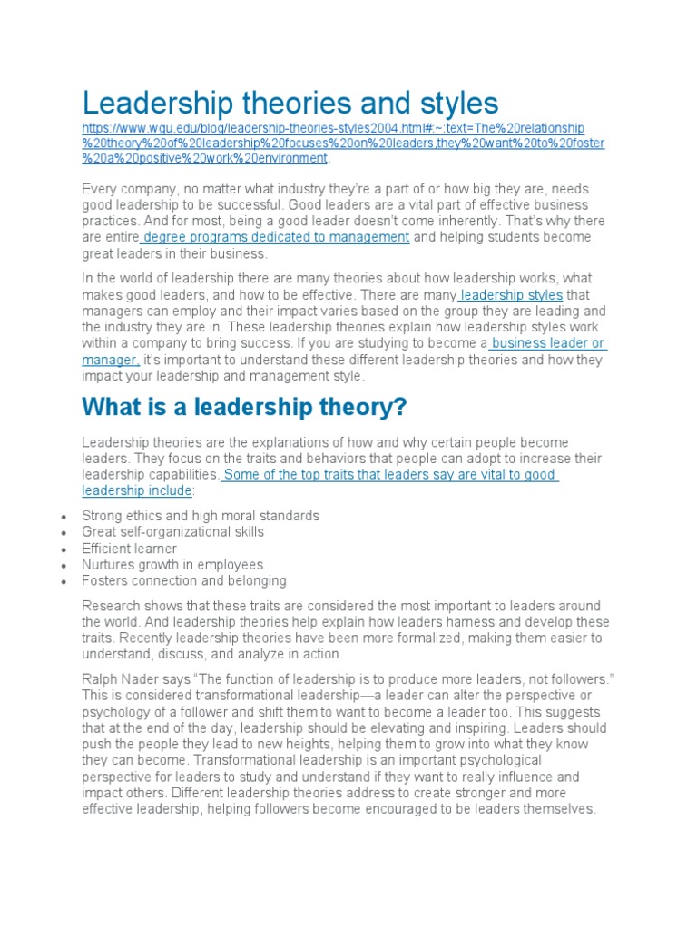 Leadership Theories and Styles | PDF | Leadership | Transformational ...