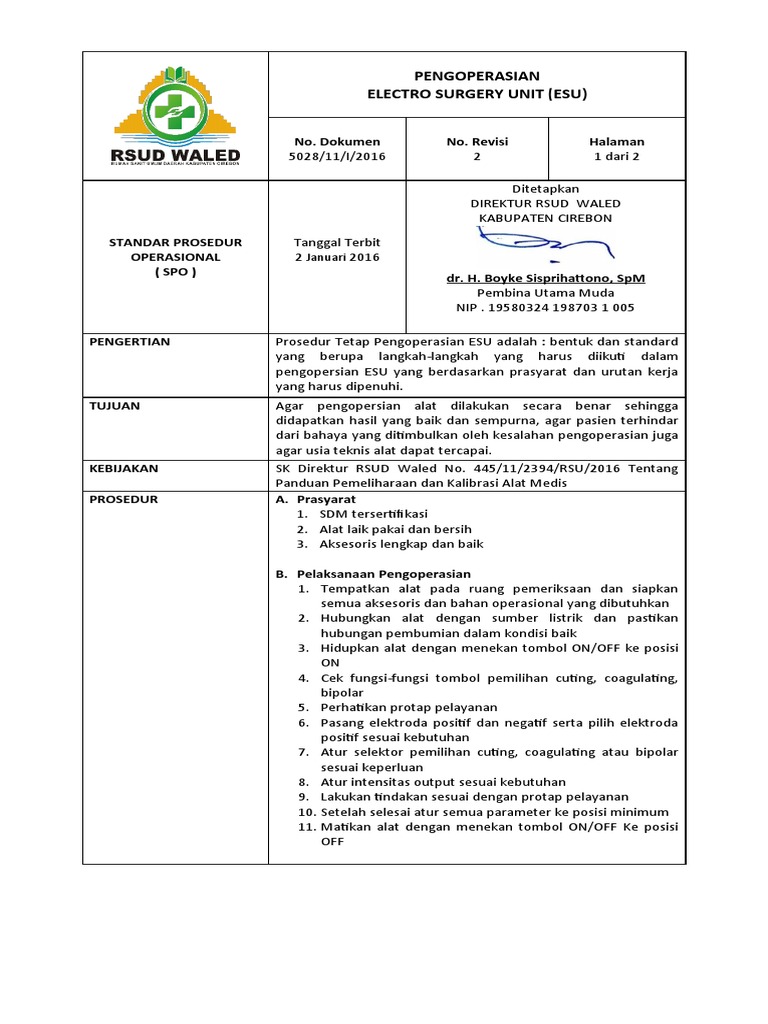 Pengoperasian Electro Surgery Unit (Esu) : No. Dokumen No. Revisi Halaman | PDF