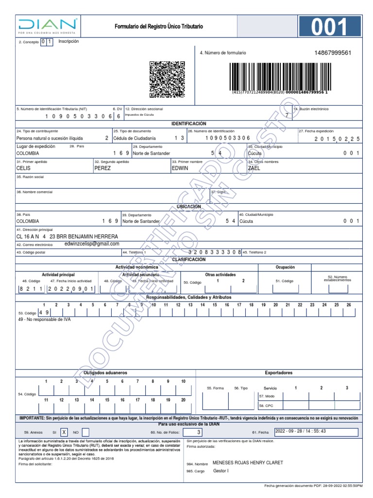 Registro Tributario de Edwin Celis Perez | PDF