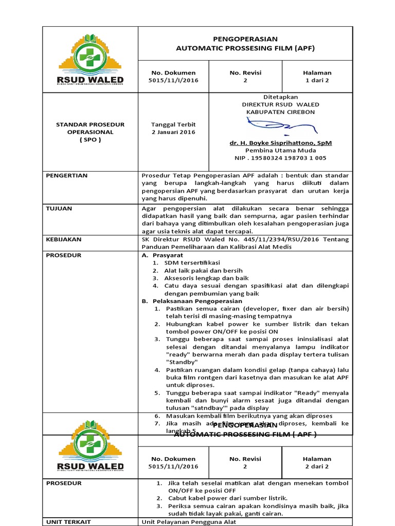 Pengoperasian Automatic Prossesing Film (Apf) : No. Dokumen No. Revisi Halaman | PDF
