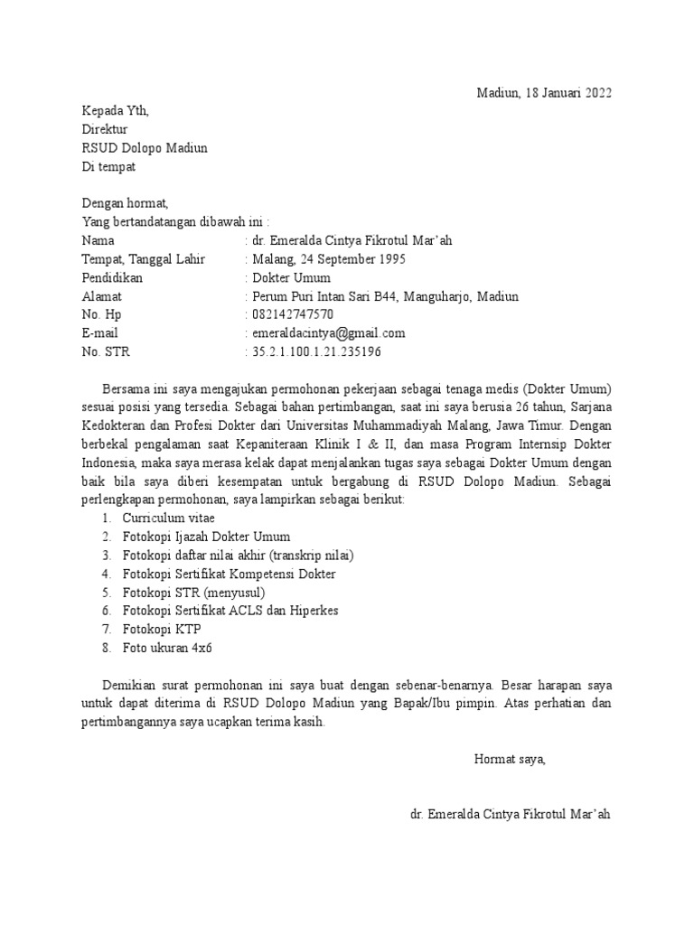 Surat Lamaran Rsud Dolopo Elda | PDF | Pengembangan Diri