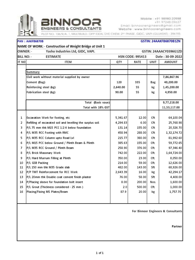 Weighbridge Construction Estimate | PDF | Building | Structural Engineering