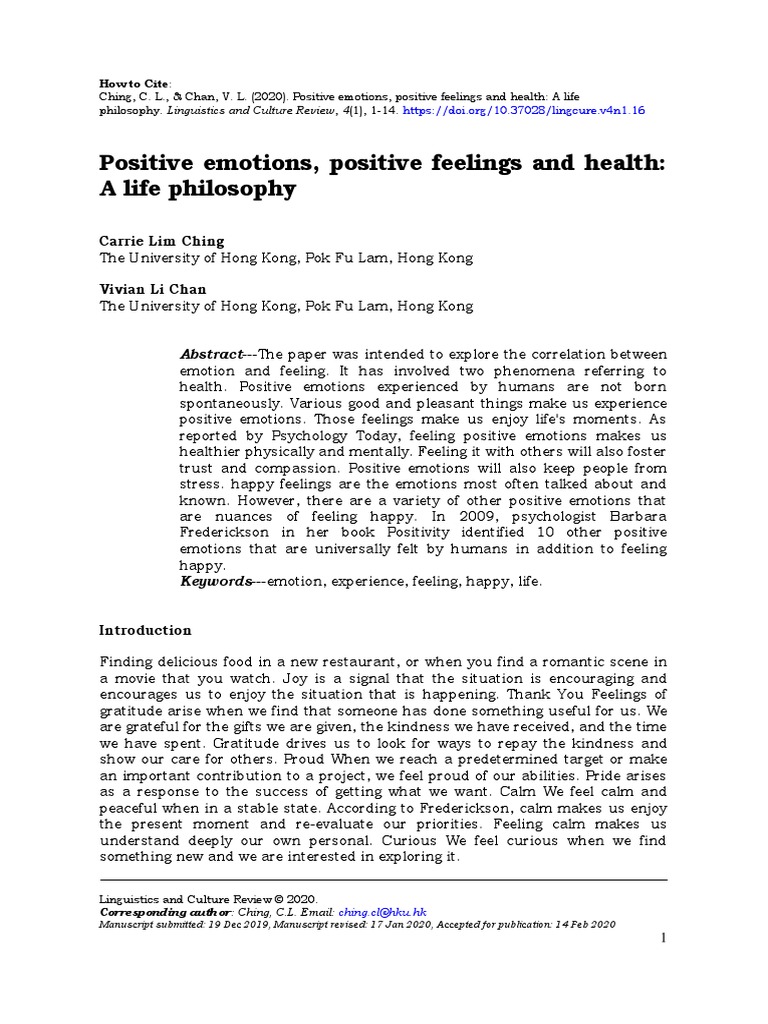 Positive Emotions Positive Feelings and D306963e | PDF | Emotions | Feeling
